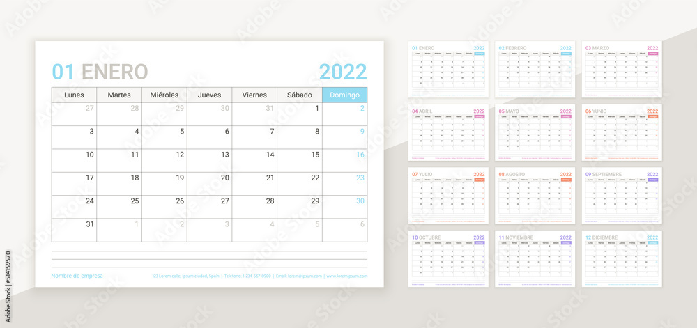 Spanish calendar for 2022 year. Planner template. Table calender layout ...