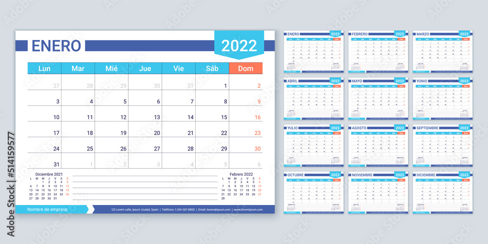 2022 planner. Spanish calendar template. Vector illustration. Table ...