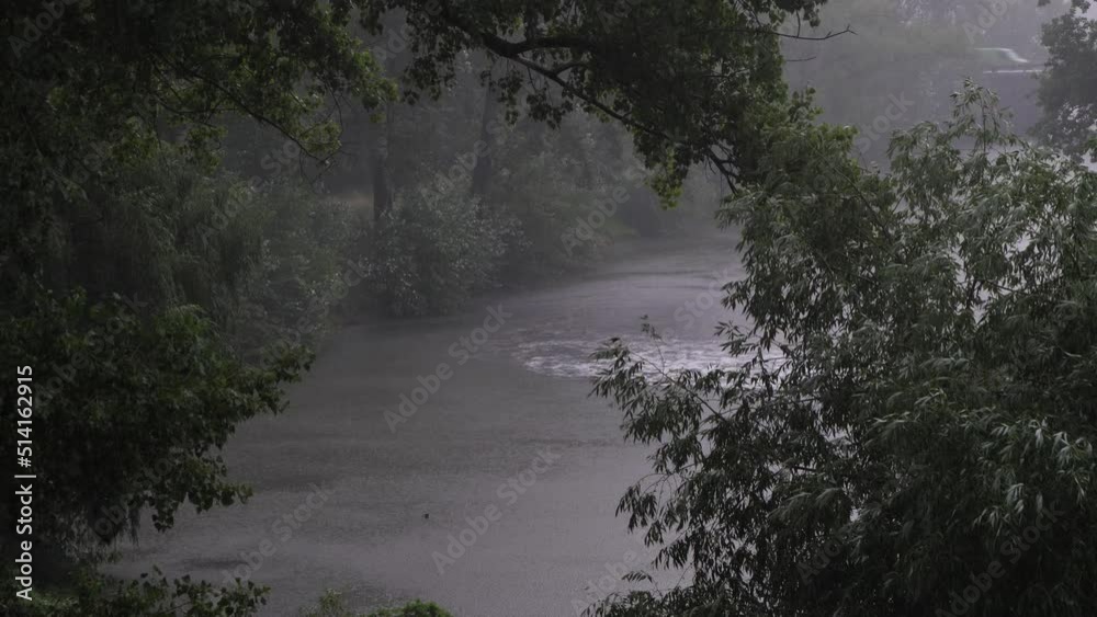 Summer rain with a thunderstorm over the river. Such heavy rain ...