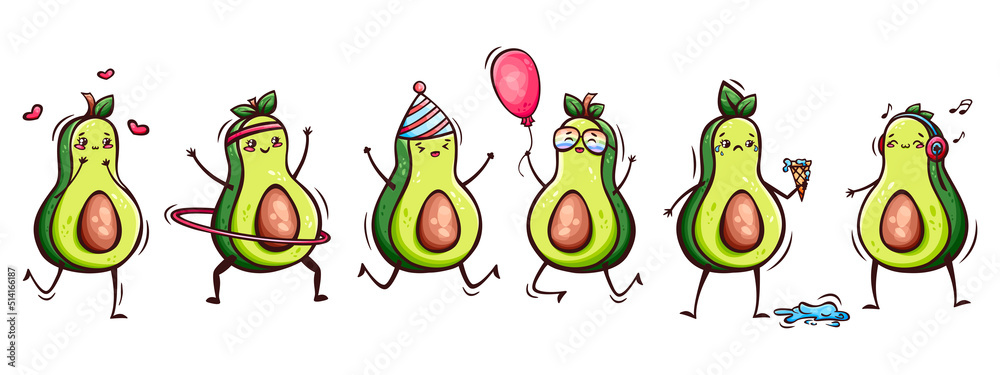 Hand drawn big icon set of cute kawaii avocados in doodle style. Cute ...