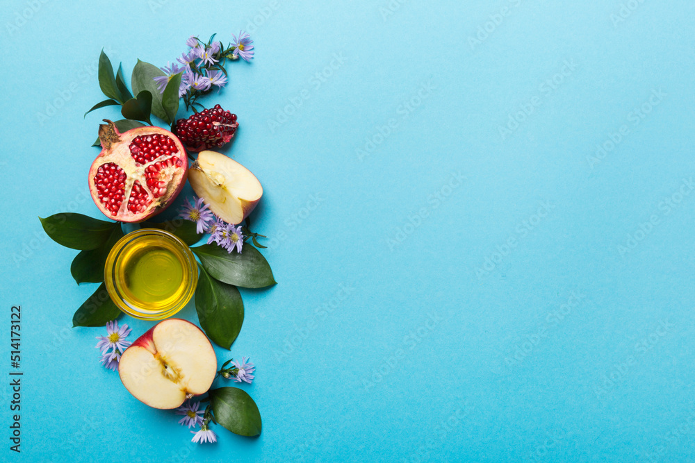 Flat lay composition with symbols jewish Rosh Hashanah holiday ...