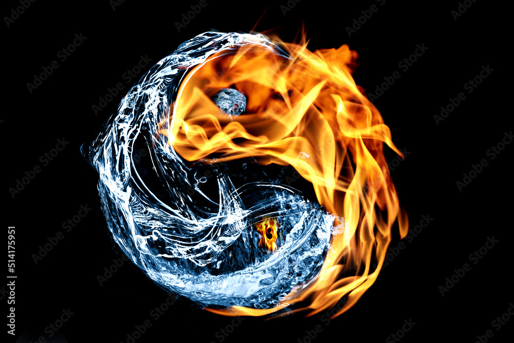 Fire flames and water splashes resembling Yin Yang symbol on black ...
