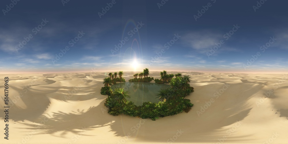 Oasis at sunset in a sandy desert. Environment map. HDRI . equidistant ...