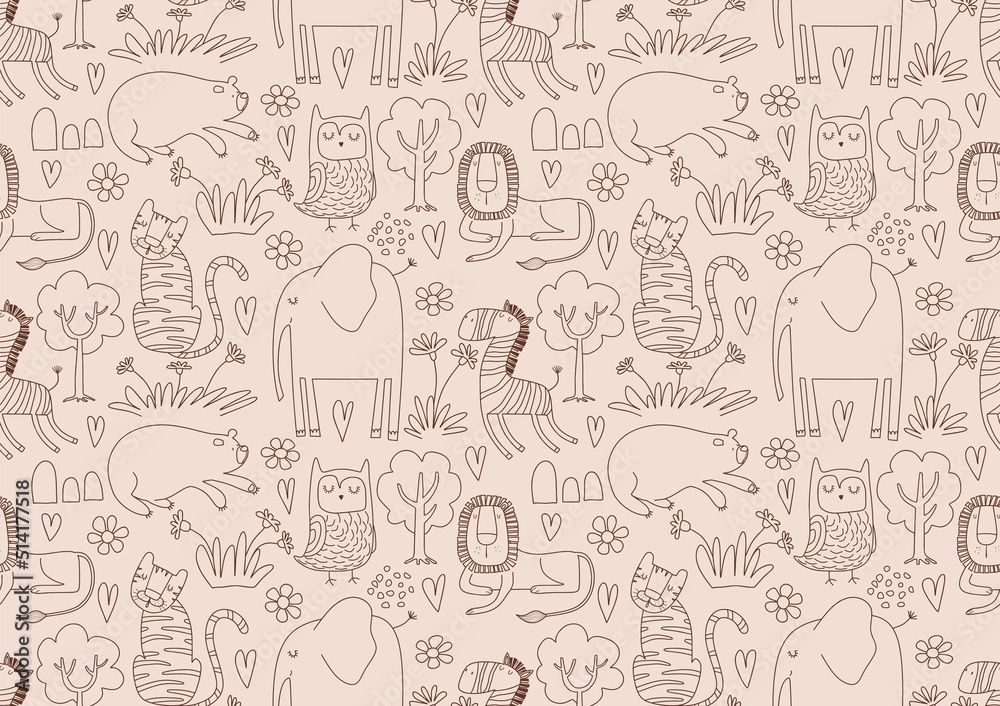 Cute seamless pattern with wild animals line art. Stock Vector | Adobe ...