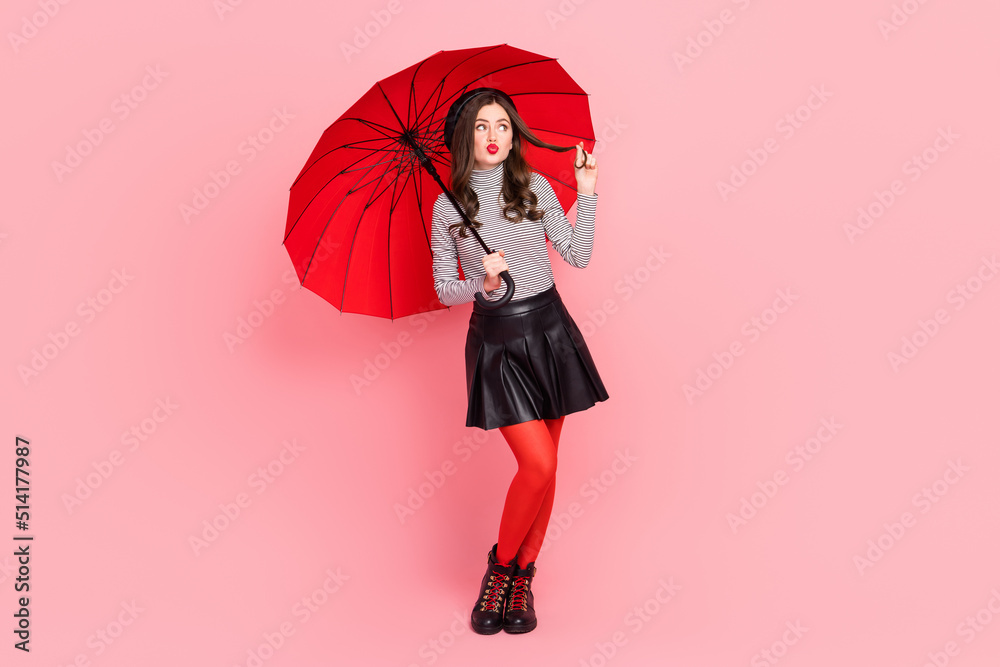 Full size photo of minded cute stylish lady parisian hold parasol look ...
