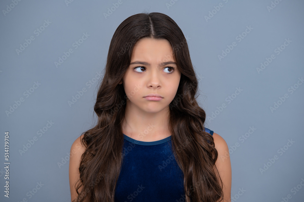 Angry teenager girl, upset and unhappy negative emotion. Little kid ...