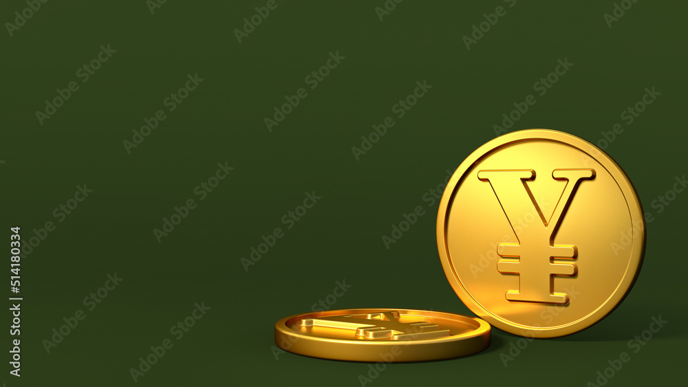 Gold Japan China Yen Yuan Coin Icon Symbol in Green Studio Scene ...
