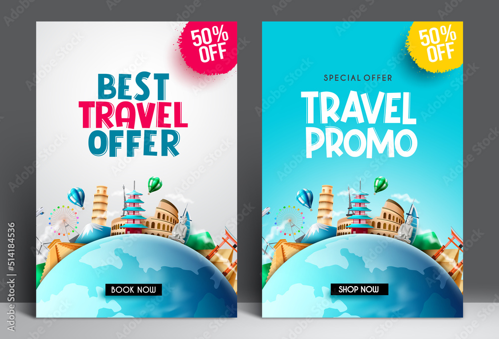 Travel promo vector poster design set. Travel promo offer text with ...