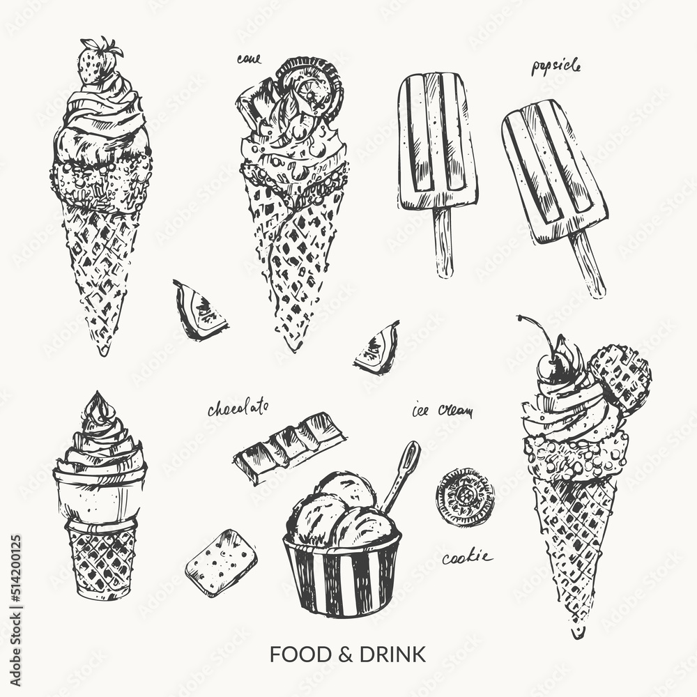 Hand drawn sweet dessert pencil sketch set with ice cream, popsicle ...
