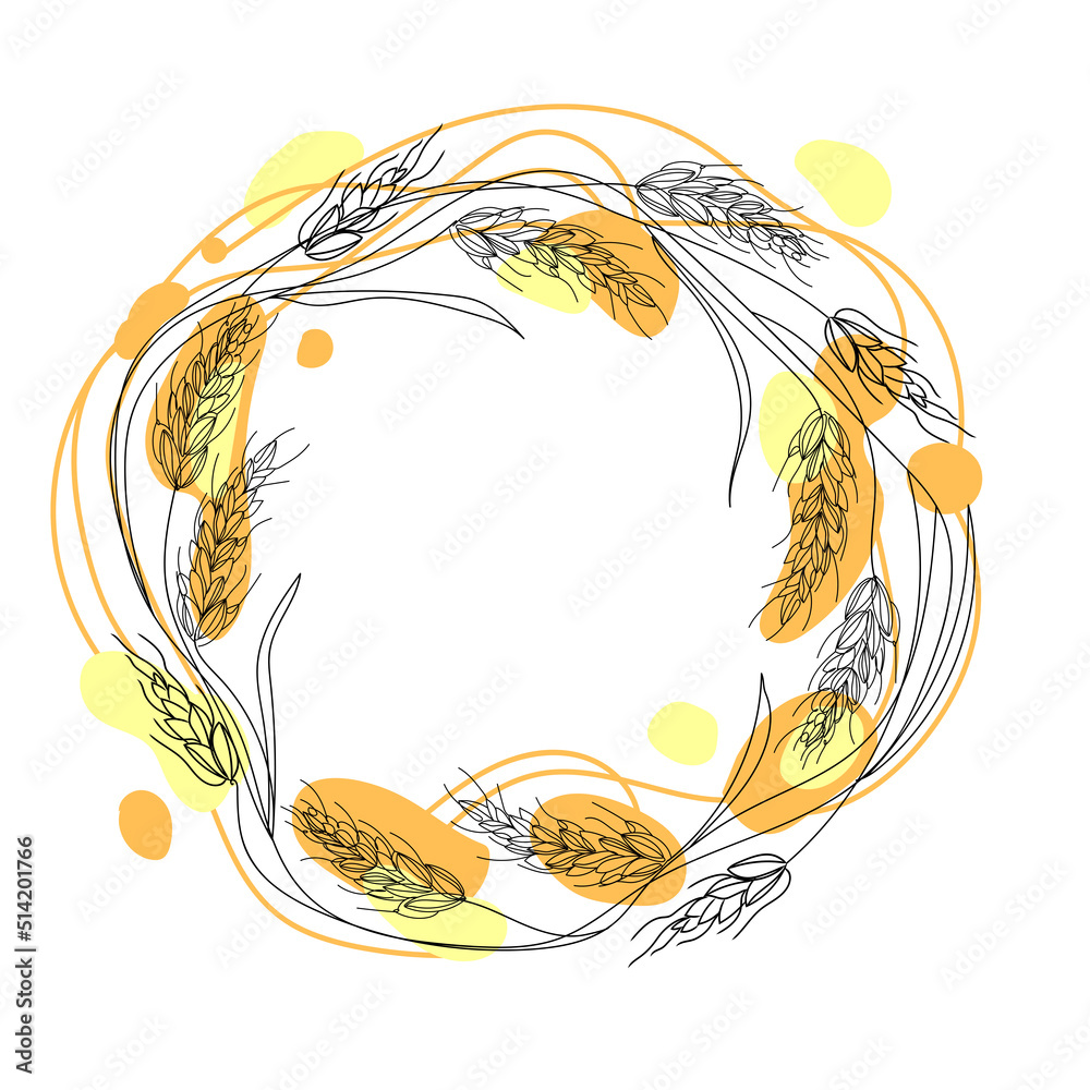 Wheat or barley wreath with color spots, line art vector illustration ...
