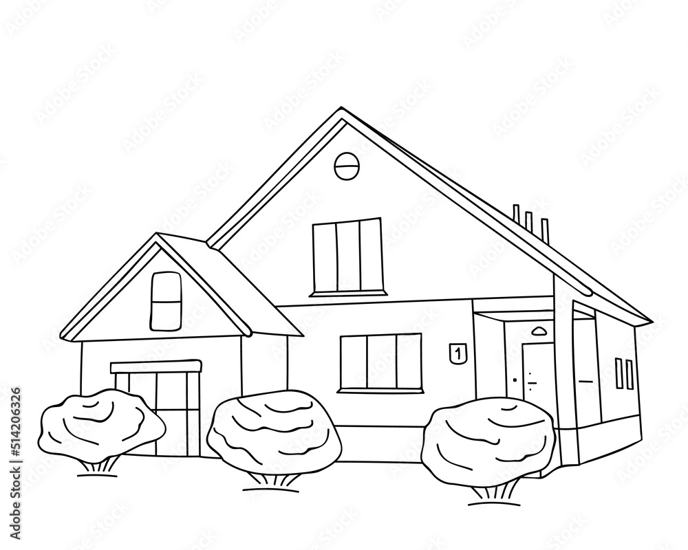 Sleeping area, private house or cottage. Line drawing of House with ...