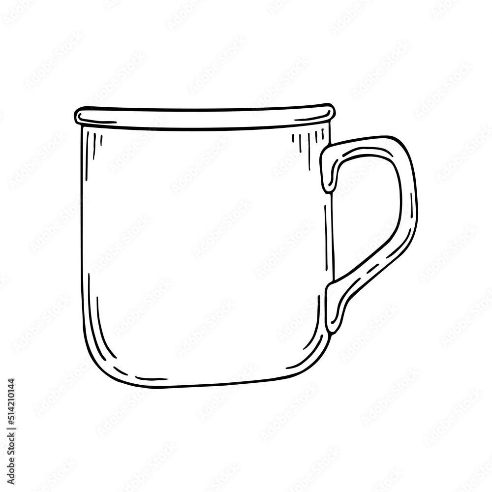 Coloring mug. Camping metal mug for drinks. Hand drawn vector line art ...