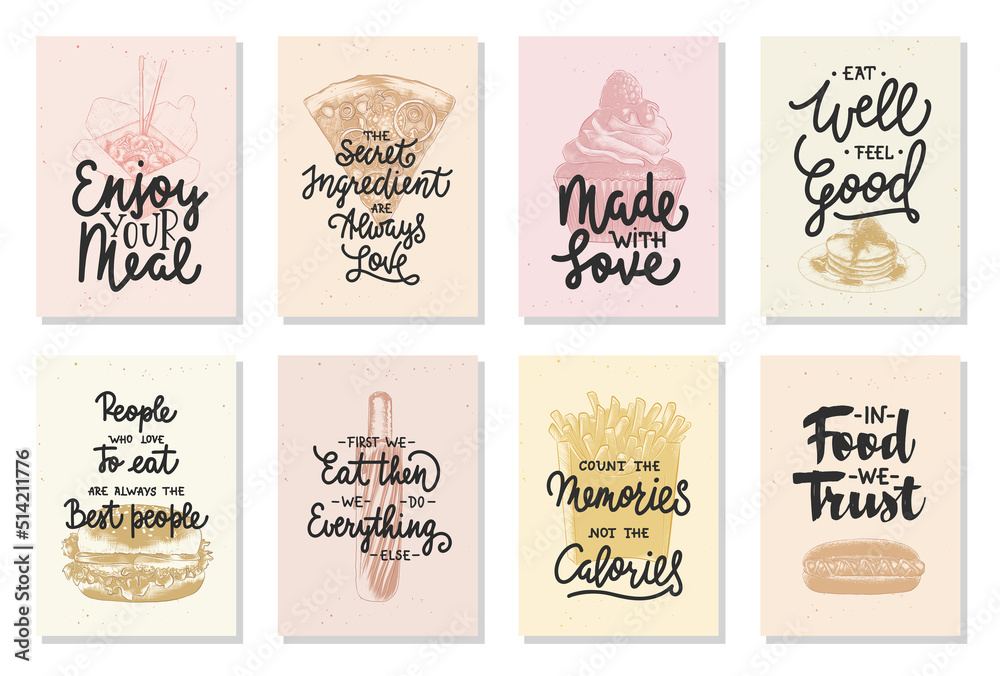 Set of 8 advertising fast, fried, baked food and eating posters ...