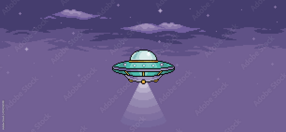 Vetor do Stock: Pixel art UFO in the night sky. Alien spaceship flying ...