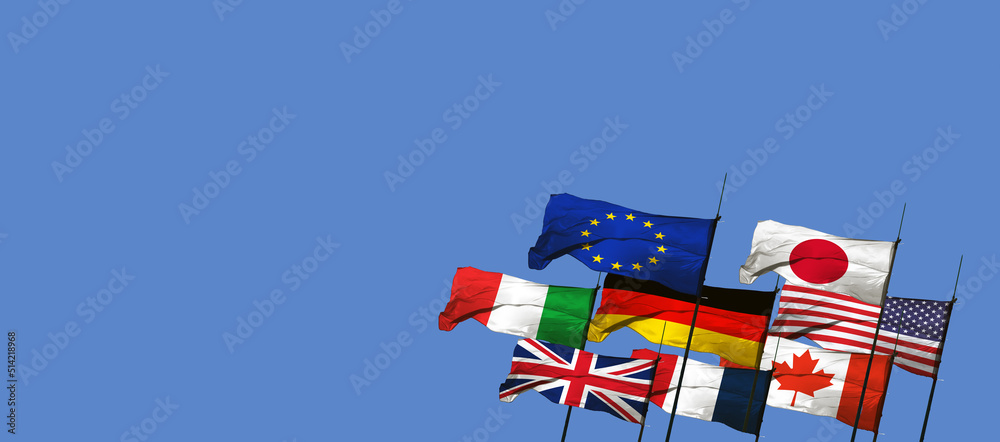 G7 summit. flags of members of G7 group of seven and list of countries ...