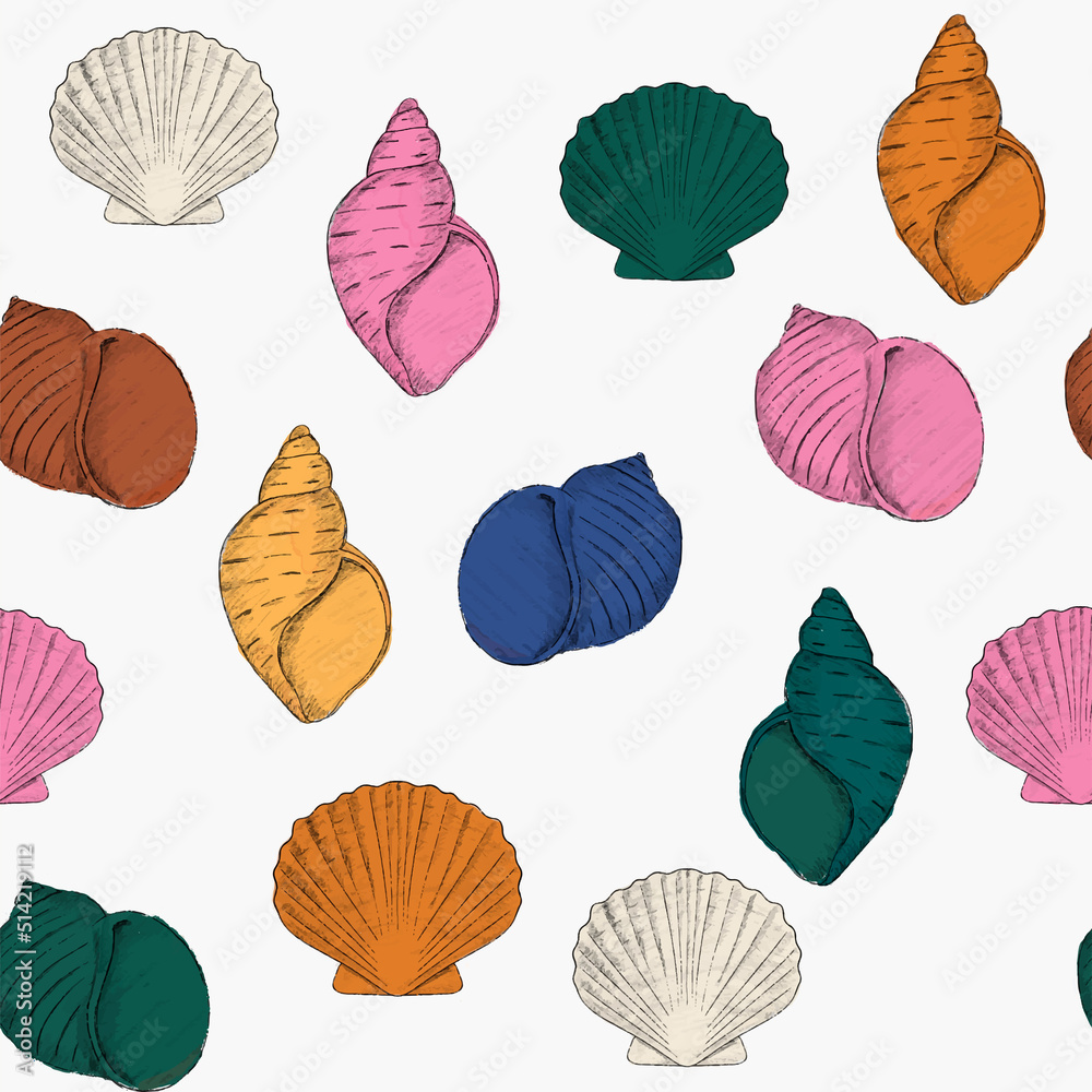 Hand Drawing Sketch Style Colorful Seashell Seamless Pattern for fabric ...