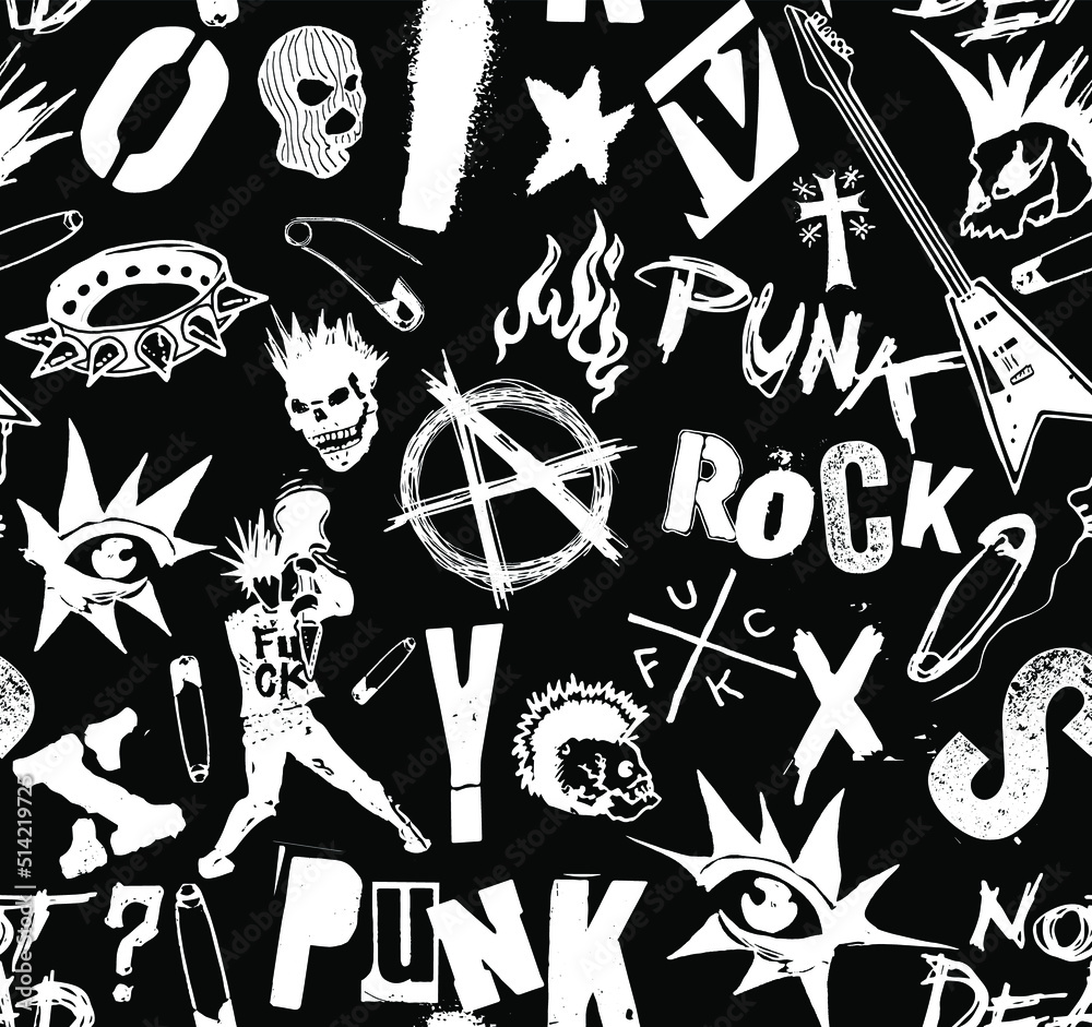 Vector black and white seamless pattern of punk and anarchy symbols ...