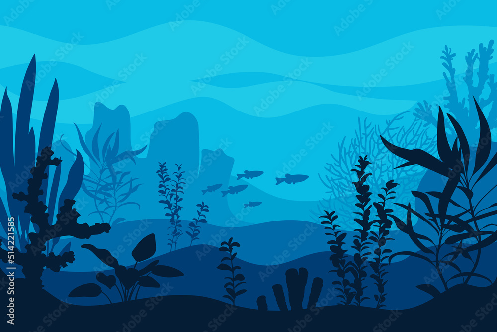 Vector ocean world. Deep seascape with seaweeds, fish and corals ...