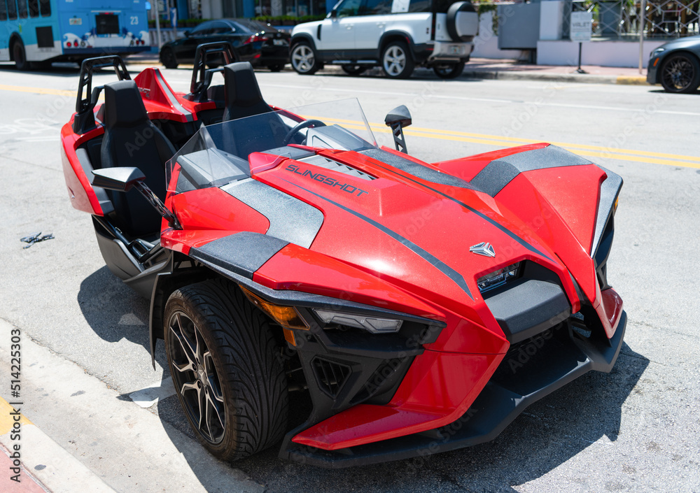 Miami Beach, Florida USA - April 14, 2021: red polaris slingshot, front ...