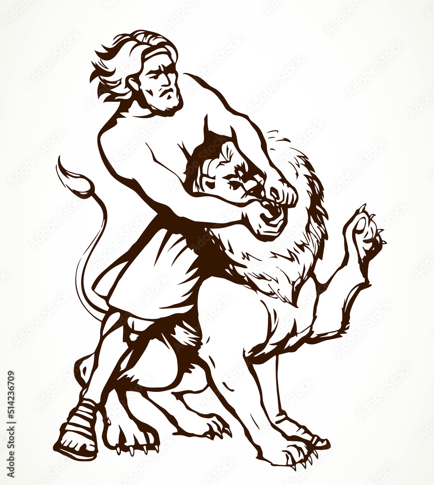 Samson fights a lion. Vector drawing Stock Vector | Adobe Stock