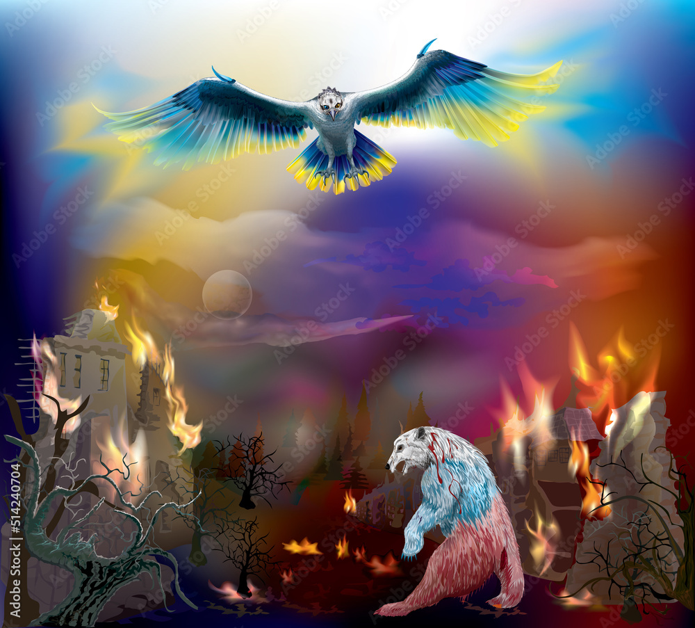 Symbolic image of Russia's war in Ukraine. An eagle in blue and yellow ...