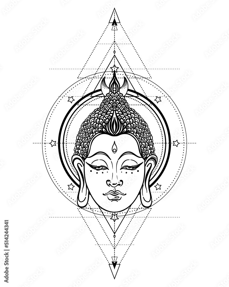 Buddha face over sacred geometry pattern. Esoteric vintage vector ...