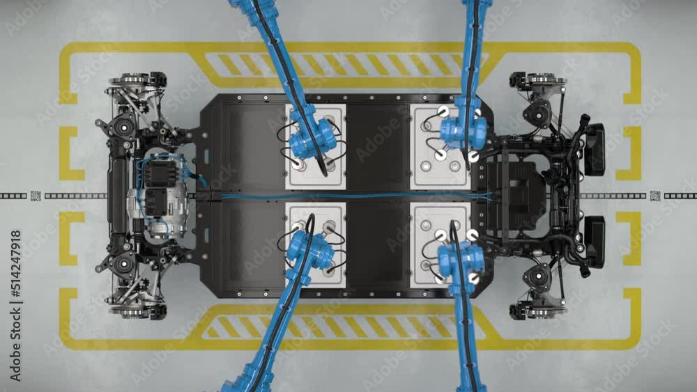 Modern electric car factory concept: Robots assembling the battery ...
