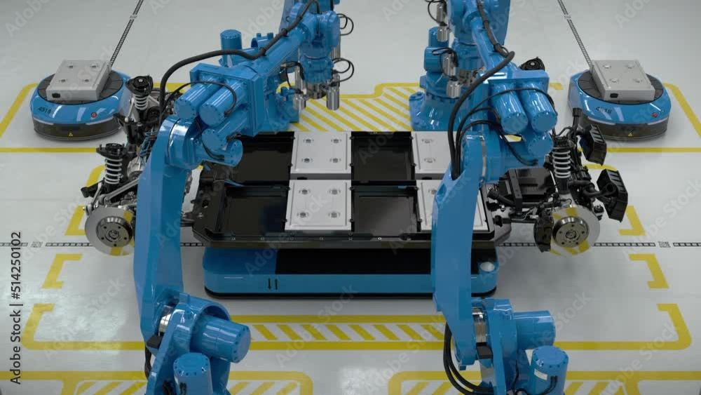 Modern electric car factory concept: Robots assembling the battery ...