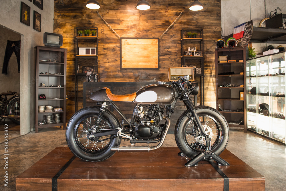 customised motorcycle parked inside custom shop in Bangkok Stock Photo ...