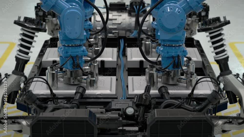 Modern electric car factory concept: Robots assembling the battery ...