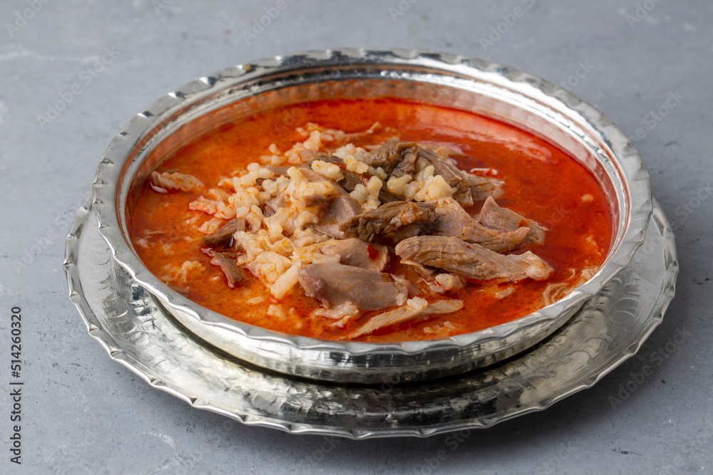 Turkish Soup Beyran with Lamb Meat, Rice, Chopped Garlic and Vinegar ...