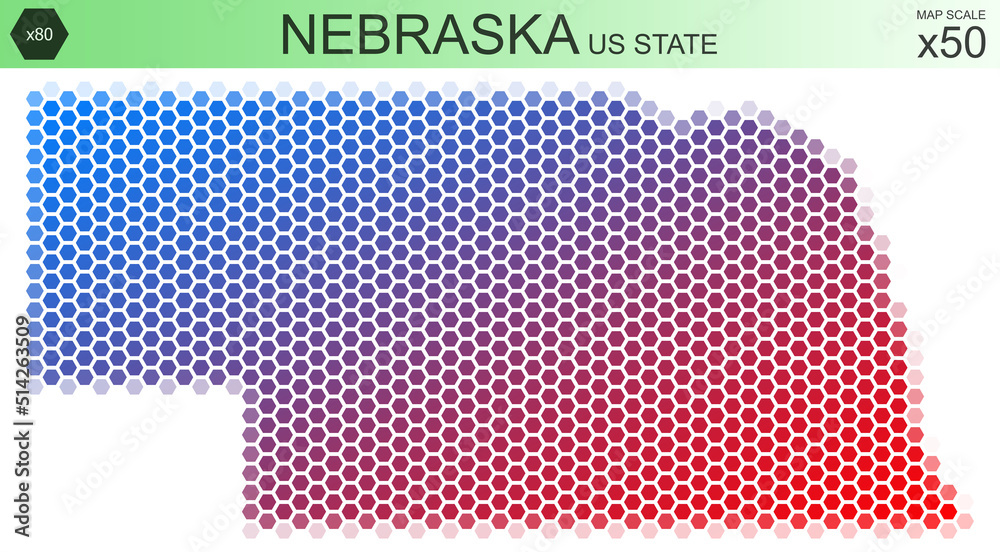 Dotted map of the state of Nebraska in the USA, from hexagons, on a ...