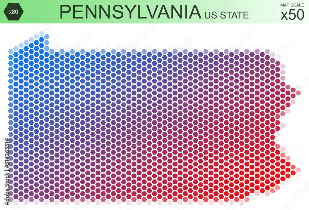 Dotted map of the state of Pennsylvania in the USA, from hexagons, on a ...