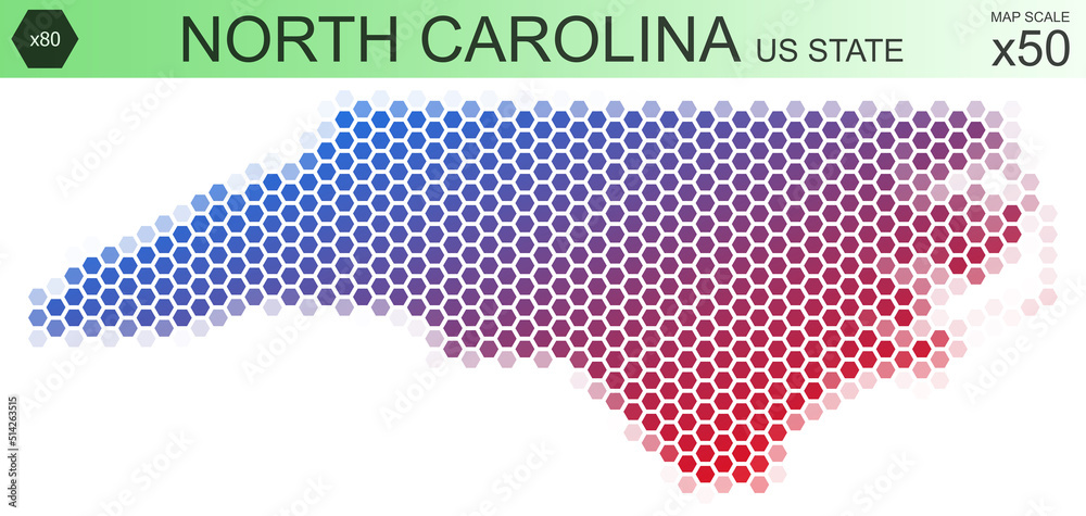 Dotted map of the state of North Carolina in the USA, from hexagons, on ...