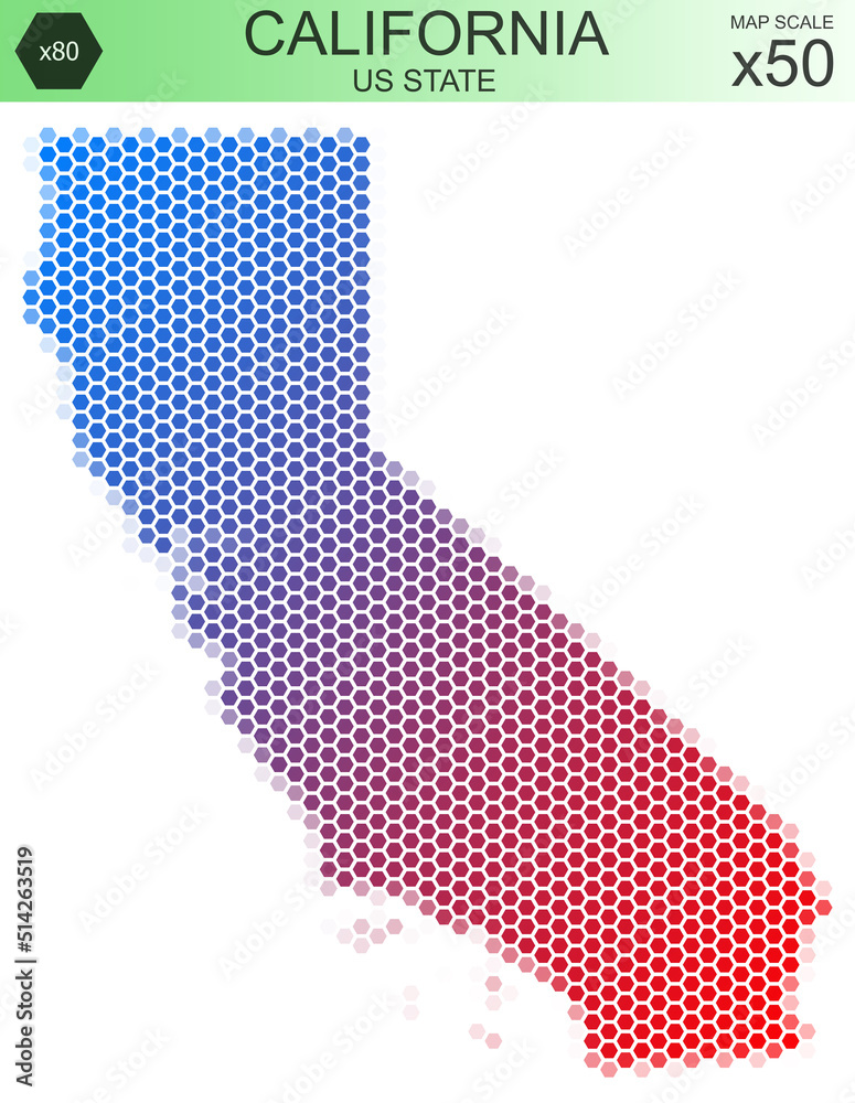 Dotted map of the state of California in the USA, from hexagons, on a ...