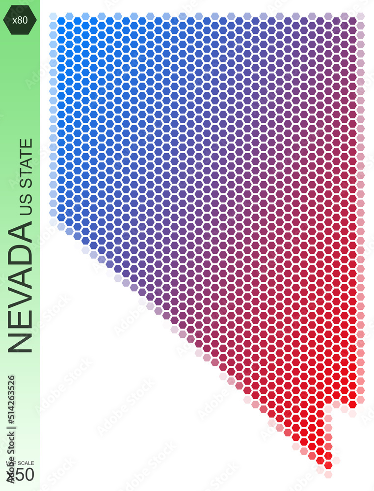 Dotted map of the state of Nevada in the USA, from hexagons, on a scale ...