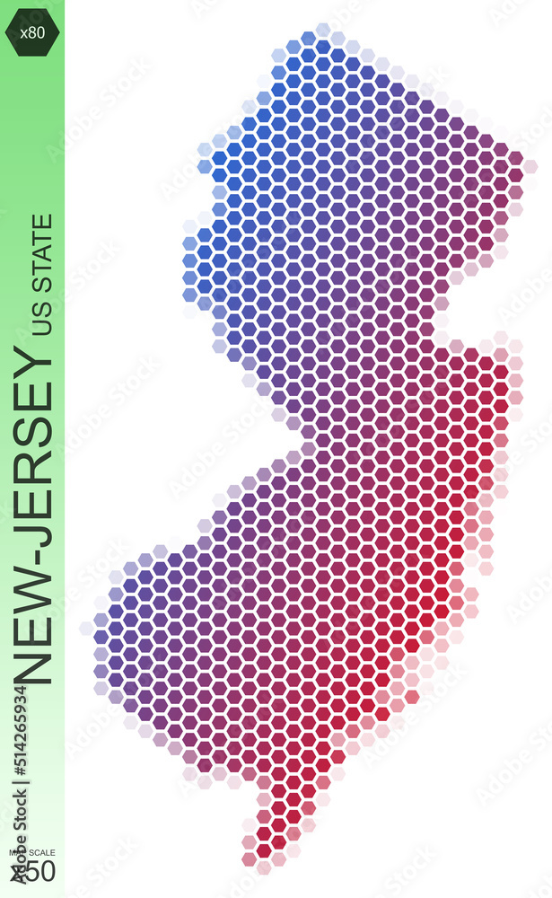 Dotted map of the state of New-Jersey in the USA, from hexagons, on a ...