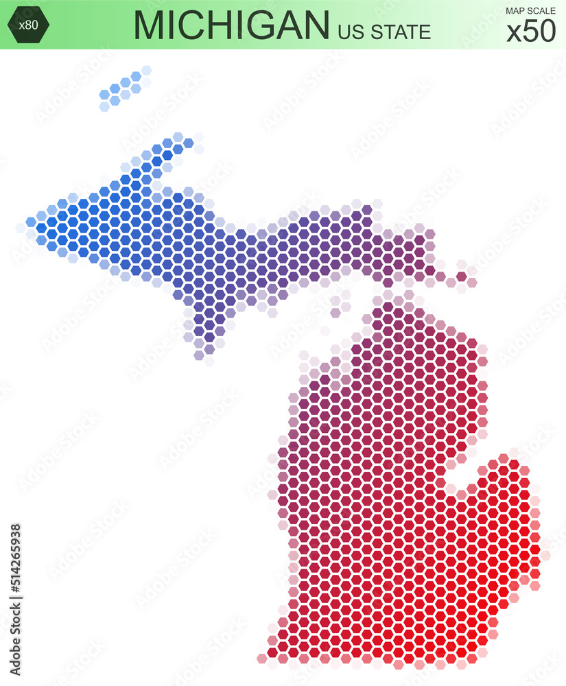 Dotted map of the state of Michigan in the USA, from hexagons, on a ...
