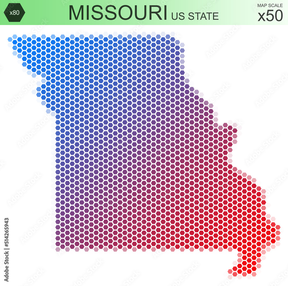 Dotted map of the state of Missouri in the USA, from hexagons, on a ...