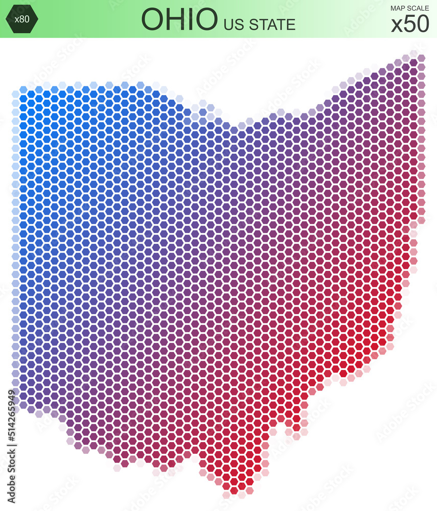 Dotted map of the state of Ohio in the USA, from hexagons, on a scale ...