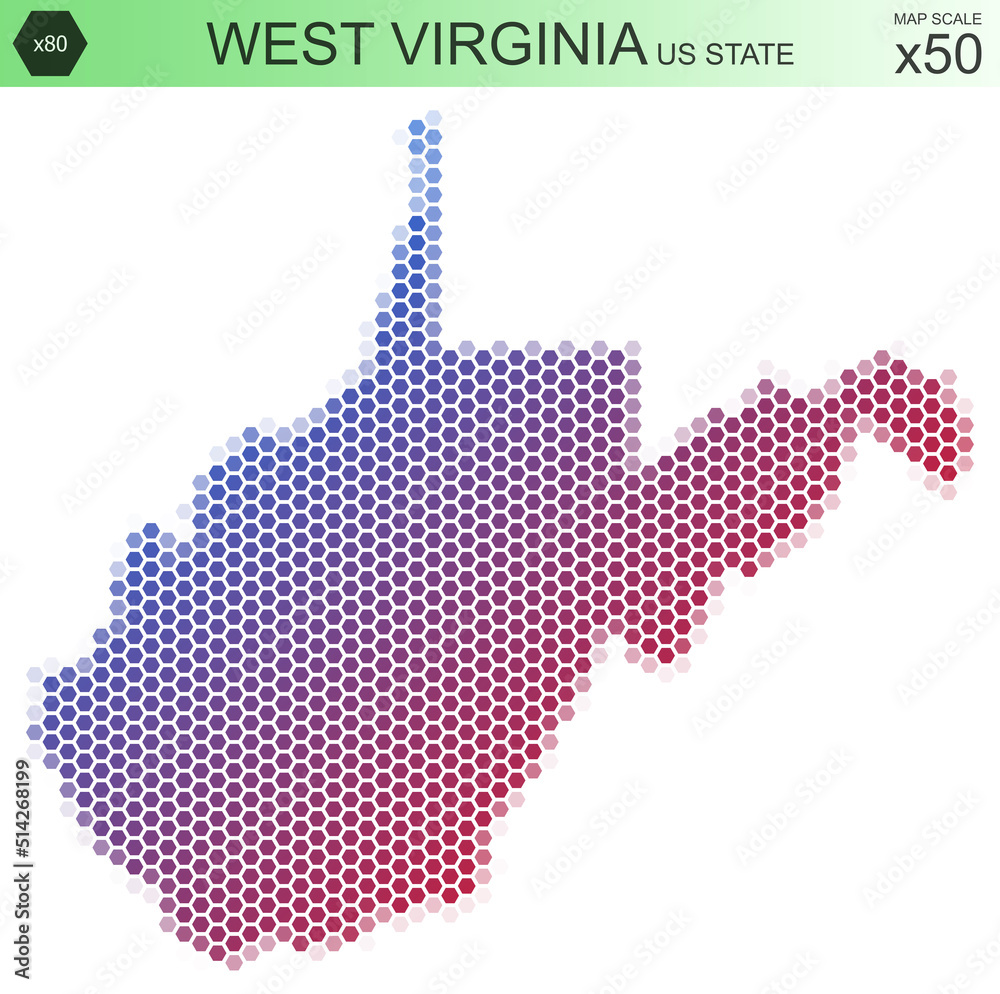 Dotted map of the state of West Virginia in the USA, from hexagons, on ...