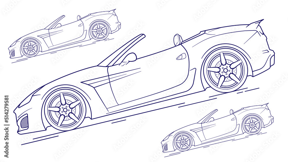 Stylish cars outline blueprint isolated on white background with slight ...