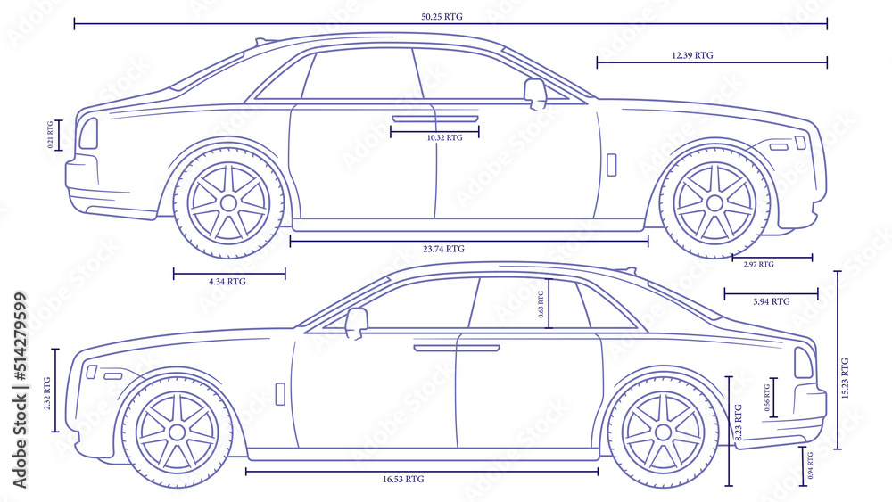 Classic car outline blueprint with measurement mapping isolated on ...