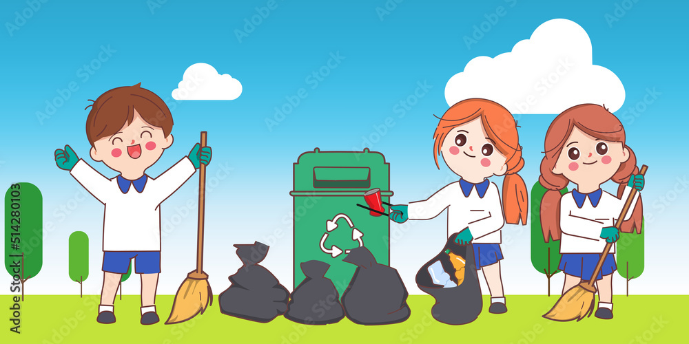 Cute cartoon doodle children student keeping Waste to recycle. save ...