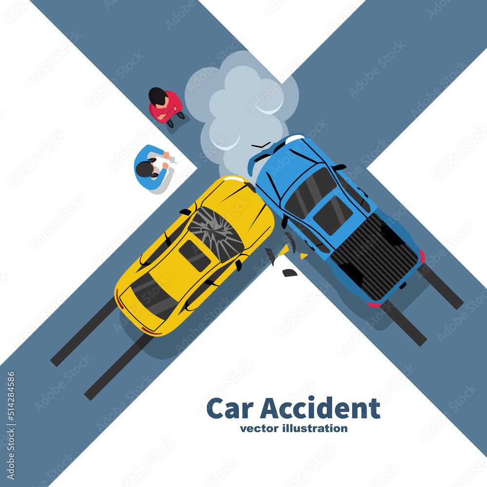 Car accident concept. Two crash cars top view. Transport incident ...