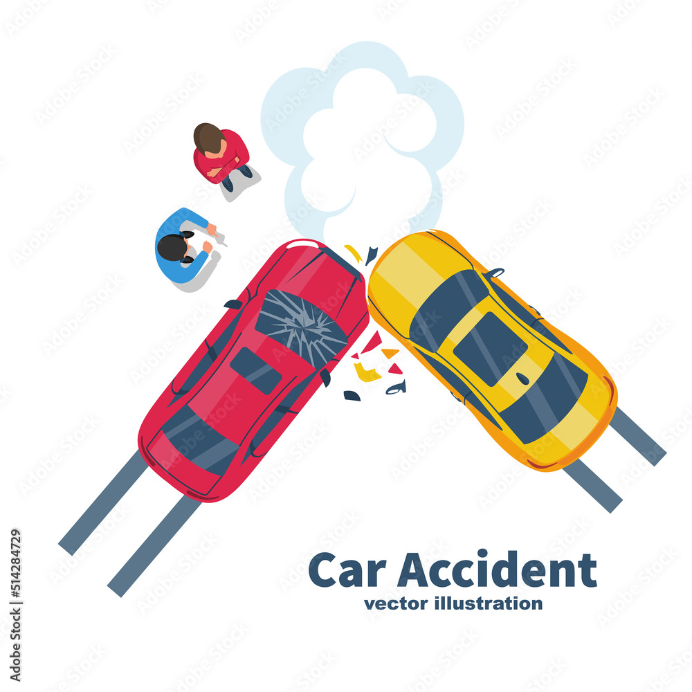 Car accident concept. Two crash cars top view. Transport incident ...