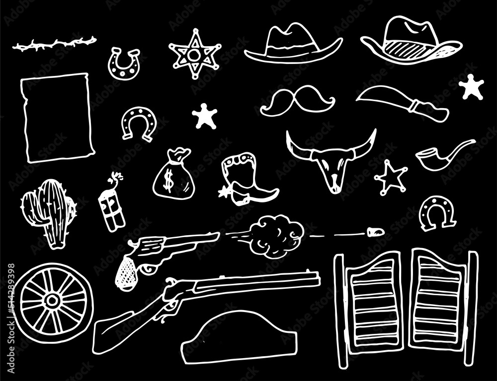 A set of Wild West icons. hand-drawn vintage elements in the style of ...