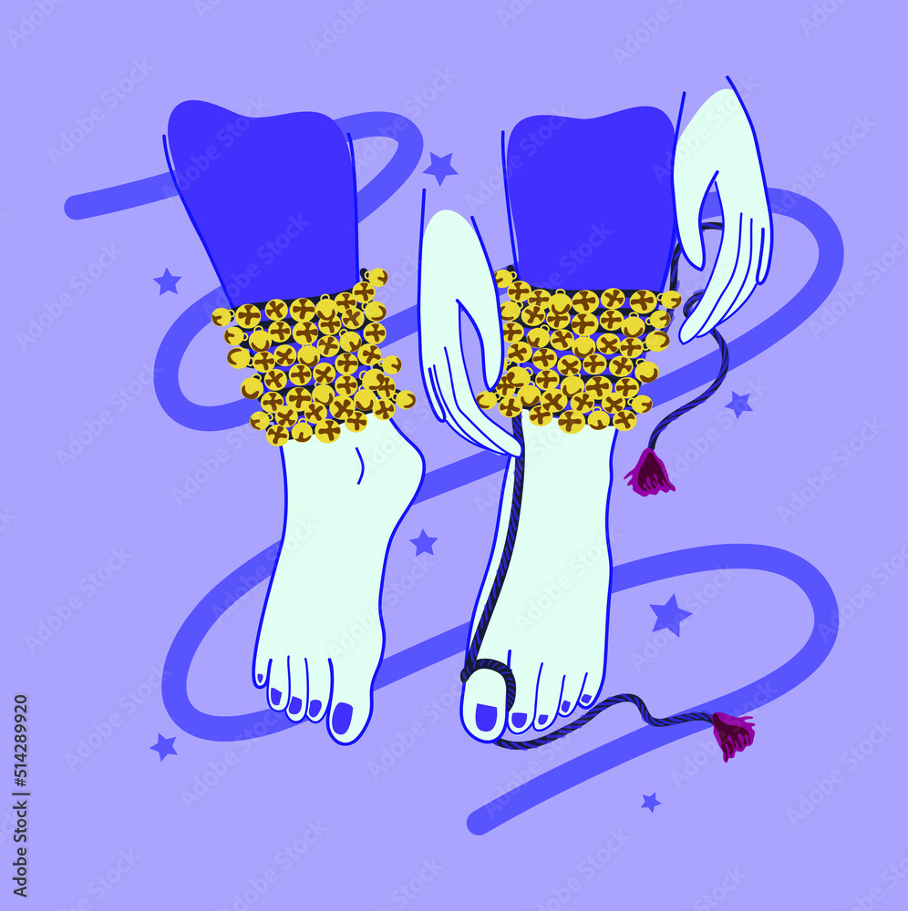 Colorful illustration of a Kathak dancer's feet with ankle bells ...