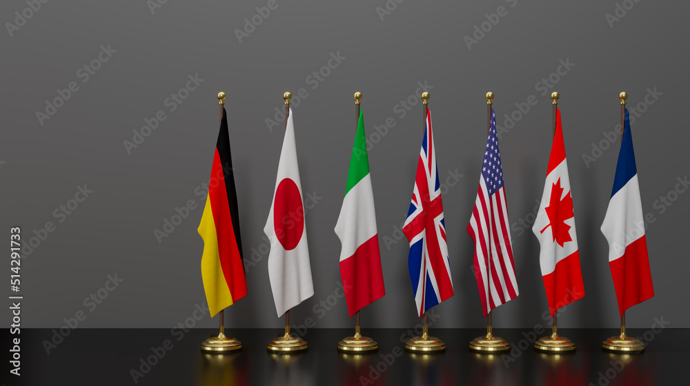 G7 summit. flags of members of G7 group of seven and list of countries ...