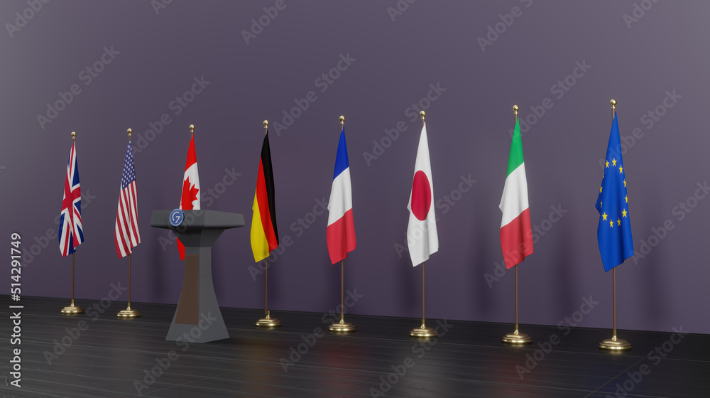 G7 summit. flags of members of G7 group of seven and list of countries ...
